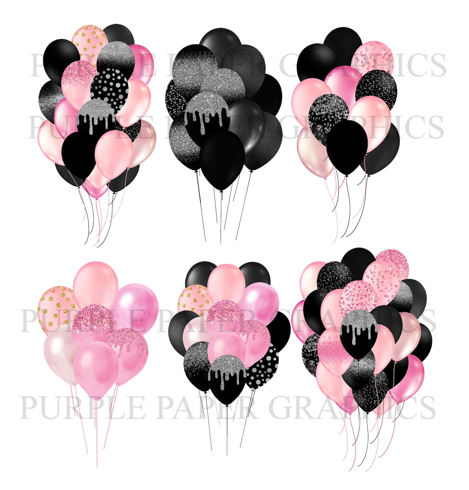 Pink and Black Balloons Clipart Glitter Balloon PNG Digital - Etsy