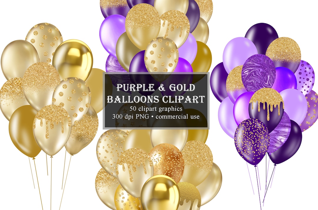 Purple and Gold Balloons Clipart, Glitter Balloon PNG Digital Overlays ...