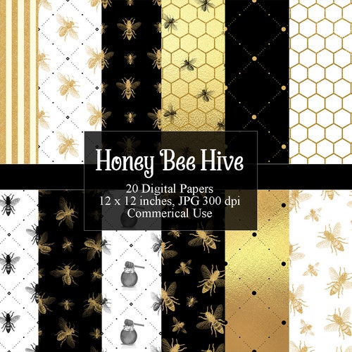 Honey Bee Hive Digital Paper Black and Gold Bee Honeycomb | Etsy
