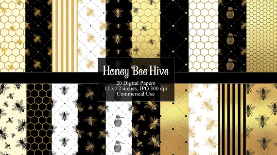 Honey Bee Hive Digital Paper Black and Gold Bee Honeycomb - Etsy