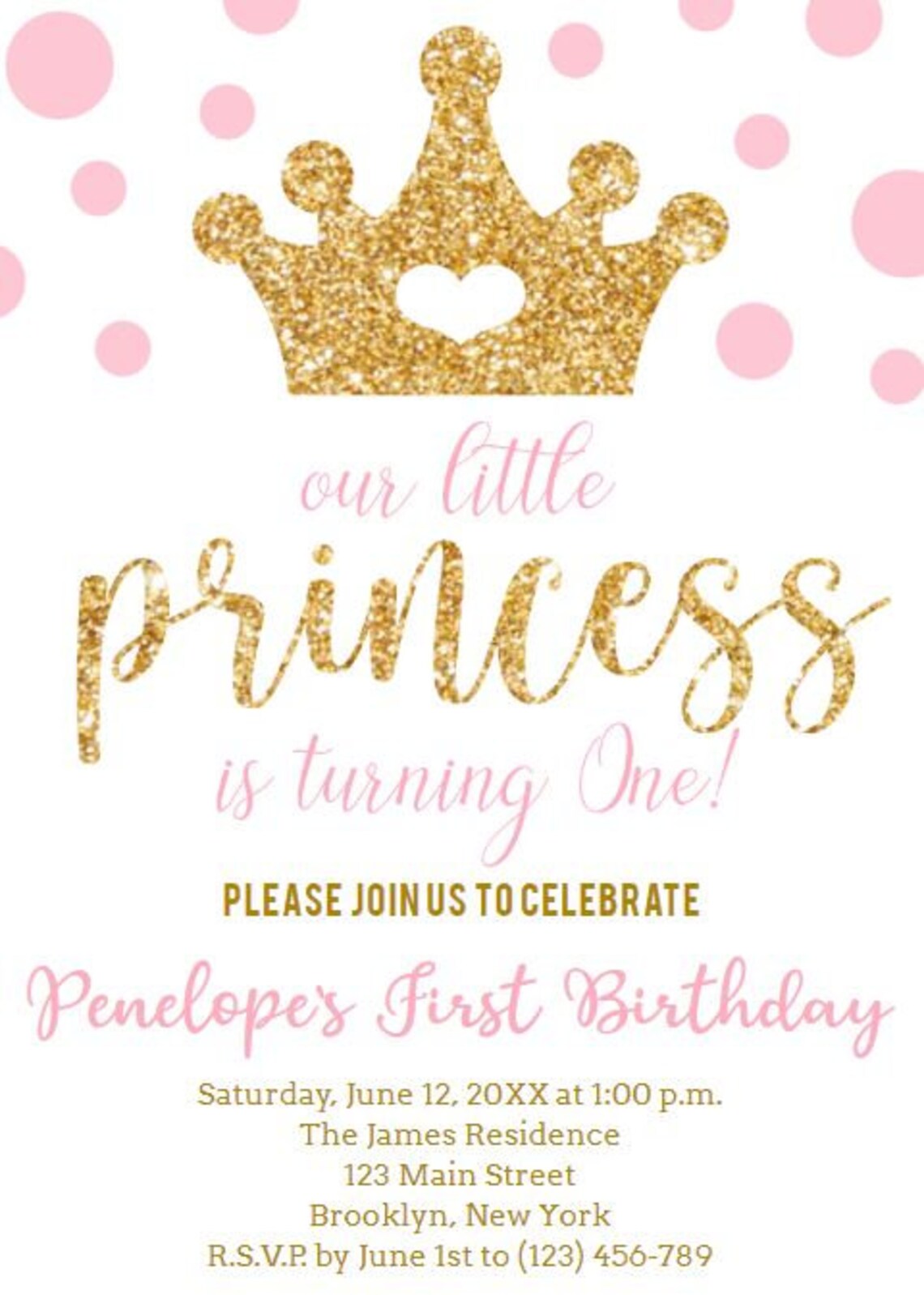 Princess First Birthday Invitation Pink and Gold Little | Etsy