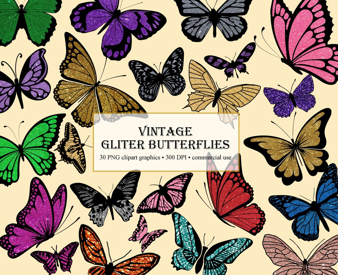 Glitter Butterflies Clip Art, Vintage Colorful Butterfly Clipart ...