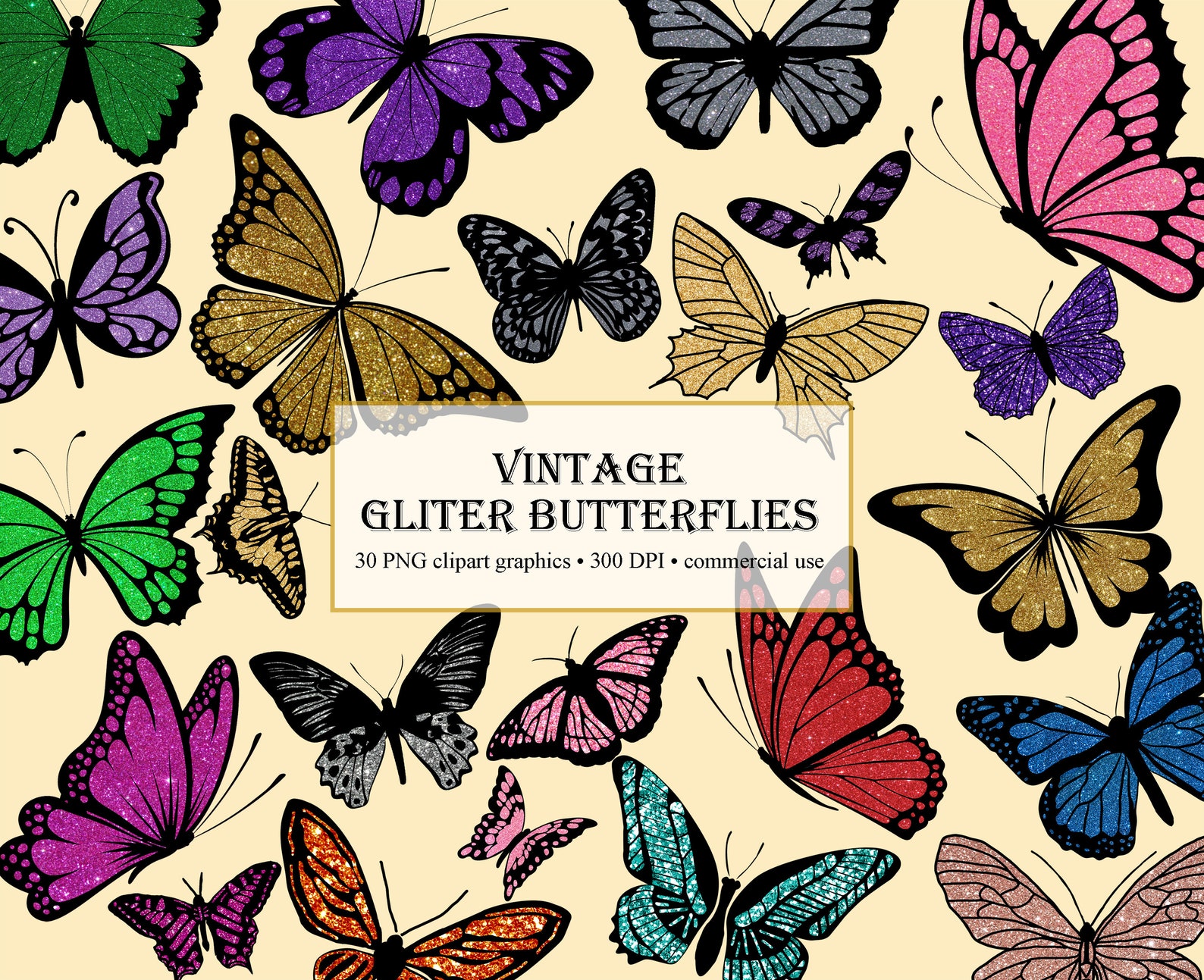 Glitter Butterflies Clip Art Vintage Colorful Butterfly - Etsy
