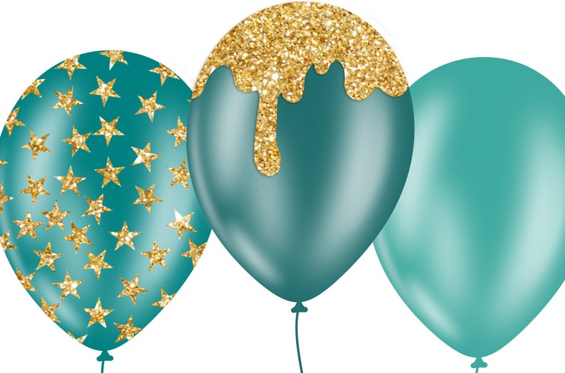 Teal and Gold Balloons Clipart Glitter Balloon PNG Digital | Etsy