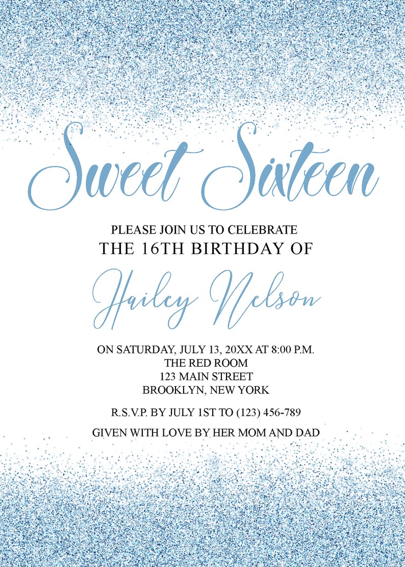 Blue Confetti Sparkle Sweet 16 Invitation 9 Printed Sweet - Etsy