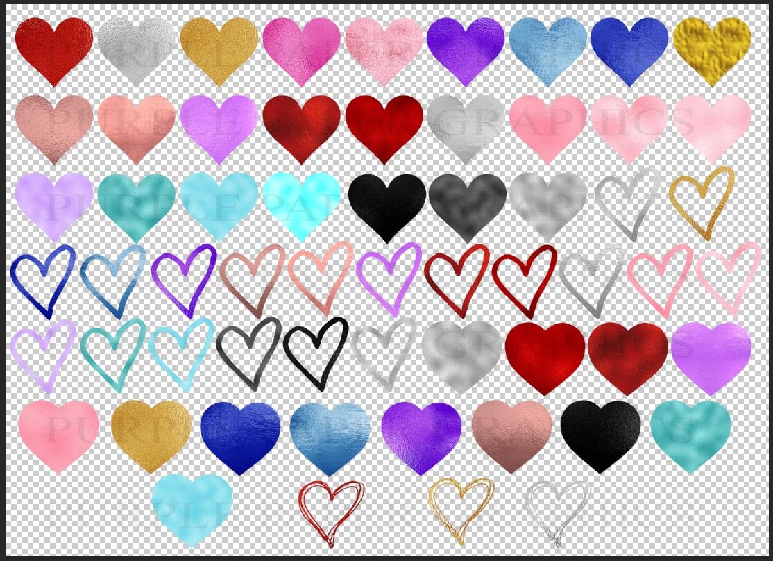 Hearts Foil Clipart, Foil Heart Clip Art, Silver, Rose Gold, Purple ...