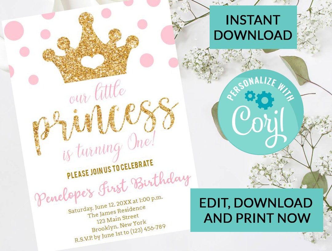 Princess First Birthday Invitation, Pink and Gold Little Princess #62 ...