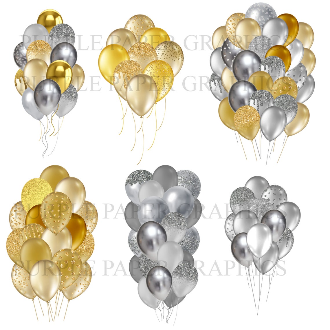 Gold and Silver Balloons Clipart Glitter Balloon PNG Digital - Etsy