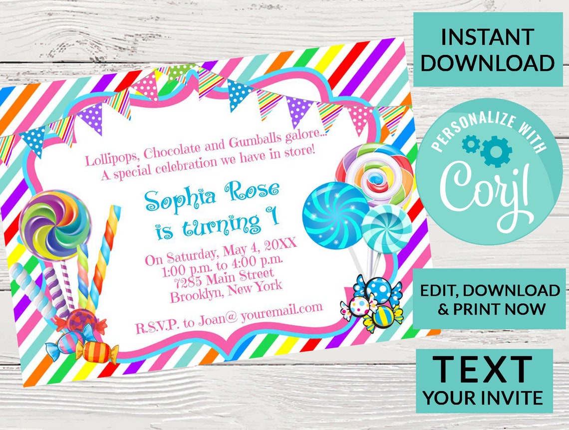 Candy Theme Birthday Invitation Candyland Birthday Digital | Etsy
