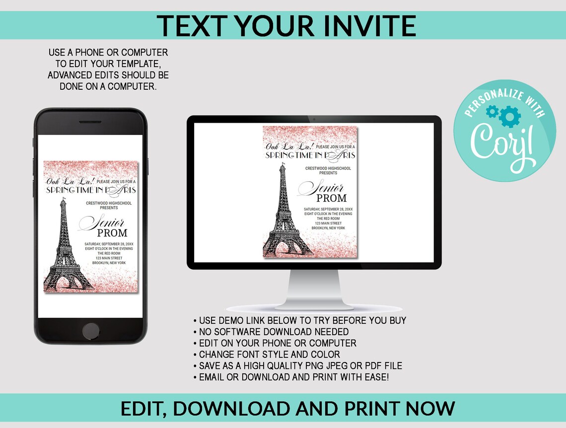 Paris Eiffel Tower Prom Invitation Digital INSTANT DOWNLOAD | Etsy