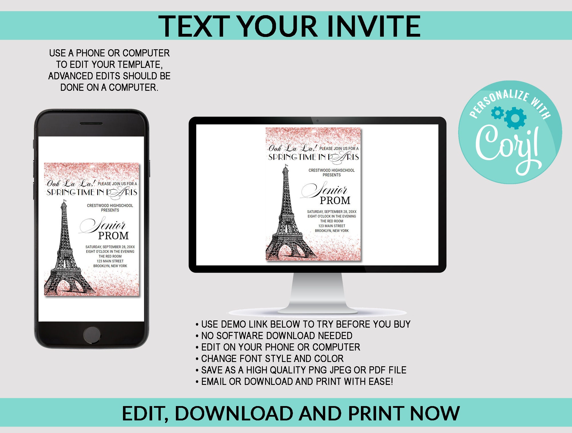 Paris Eiffel Tower Prom Invitation Digital INSTANT DOWNLOAD | Etsy