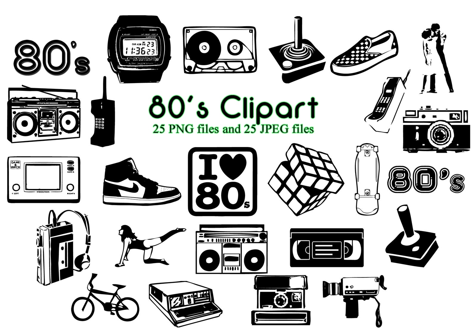 80s Black and White Silhouette Clipart Birthday Invitations - Etsy UK