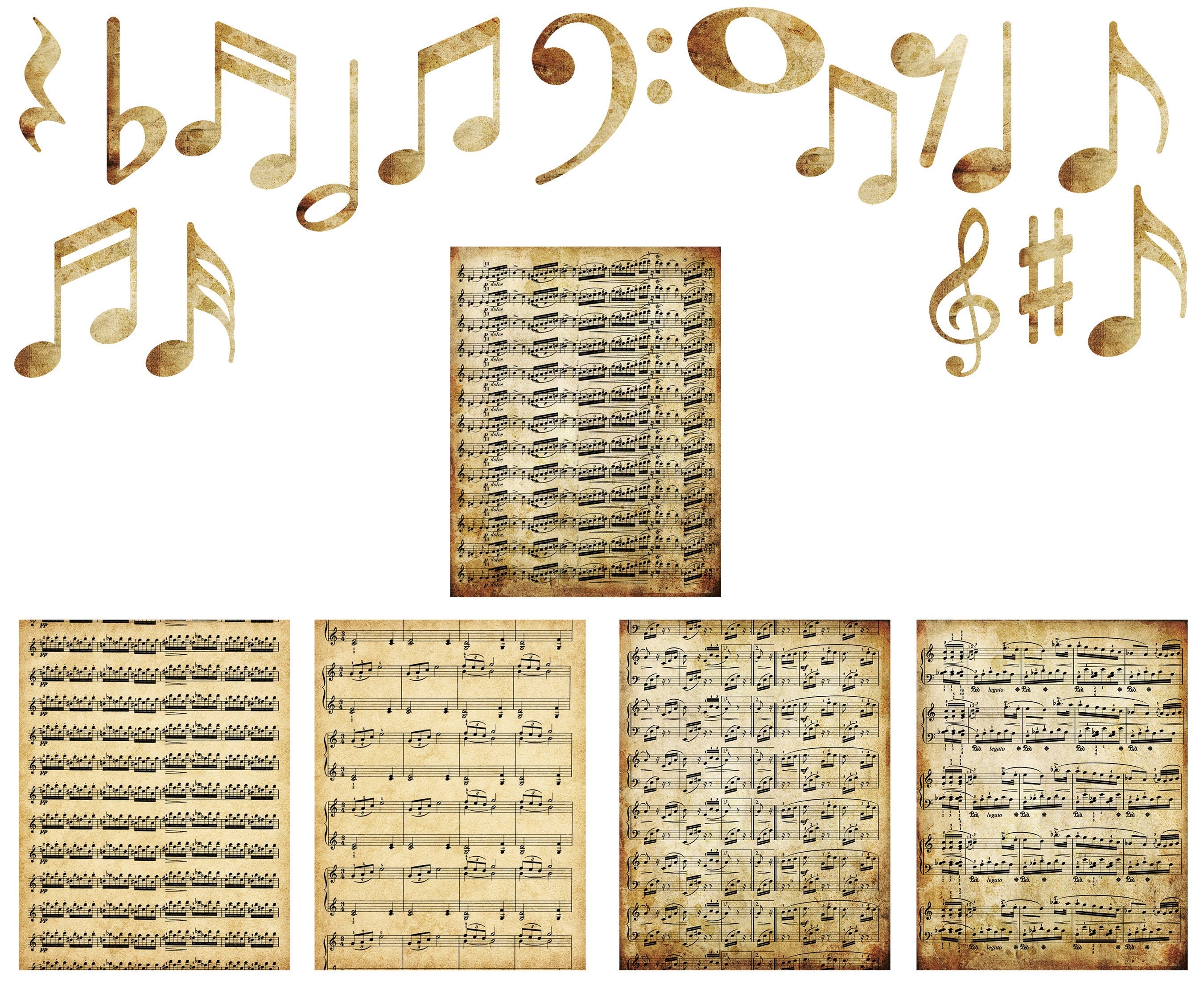Vintage Music Notes Clipart and Digital Paper Bundle - Etsy