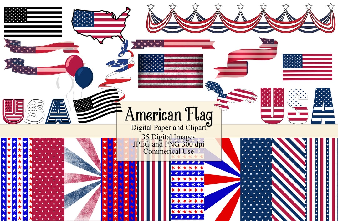American Flag Patriotic Clipart and Digital Paper Bundle, Backgrounds ...