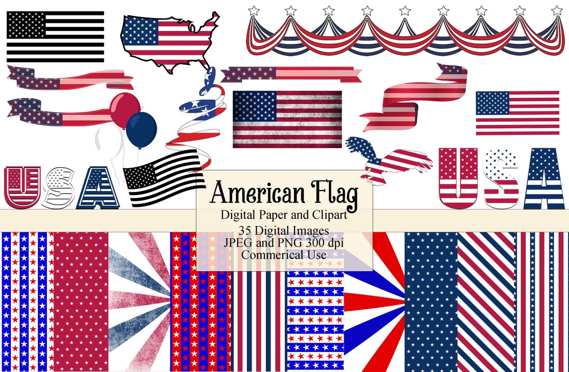 American Flag Patriotic Clipart and Digital Paper Bundle - Etsy