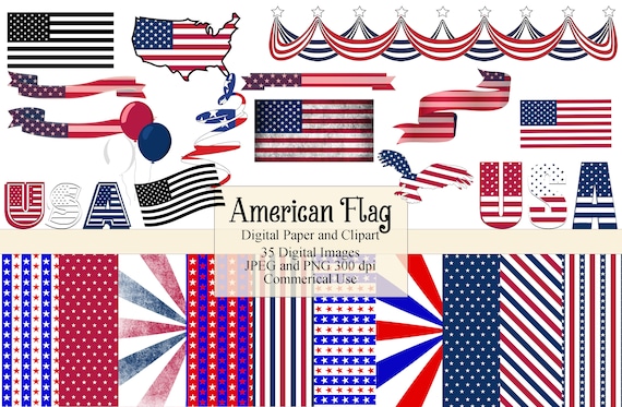 American Flag Patriotic Clipart and Digital Paper Bundle - Etsy