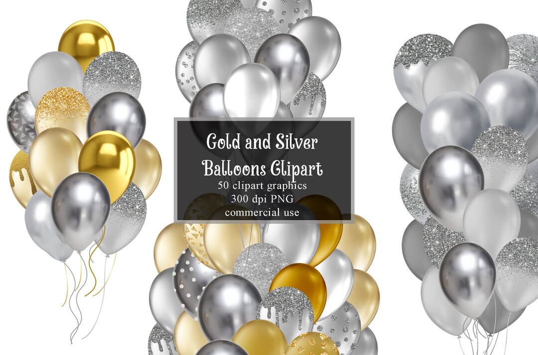 Gold and Silver Balloons Clipart, Glitter Balloon PNG Digital Overlays ...