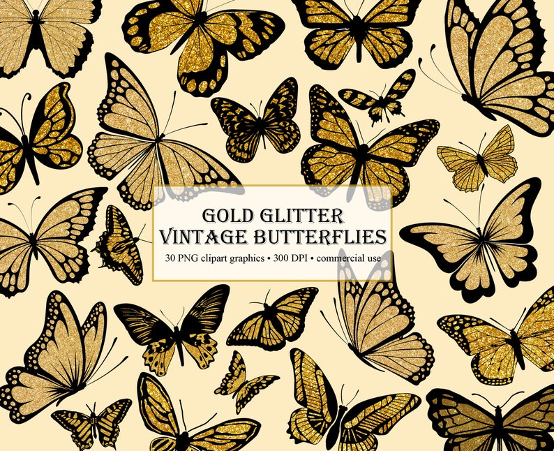 Gold Glitter Butterflies Clip Art Vintage Butterfly Clipart | Etsy
