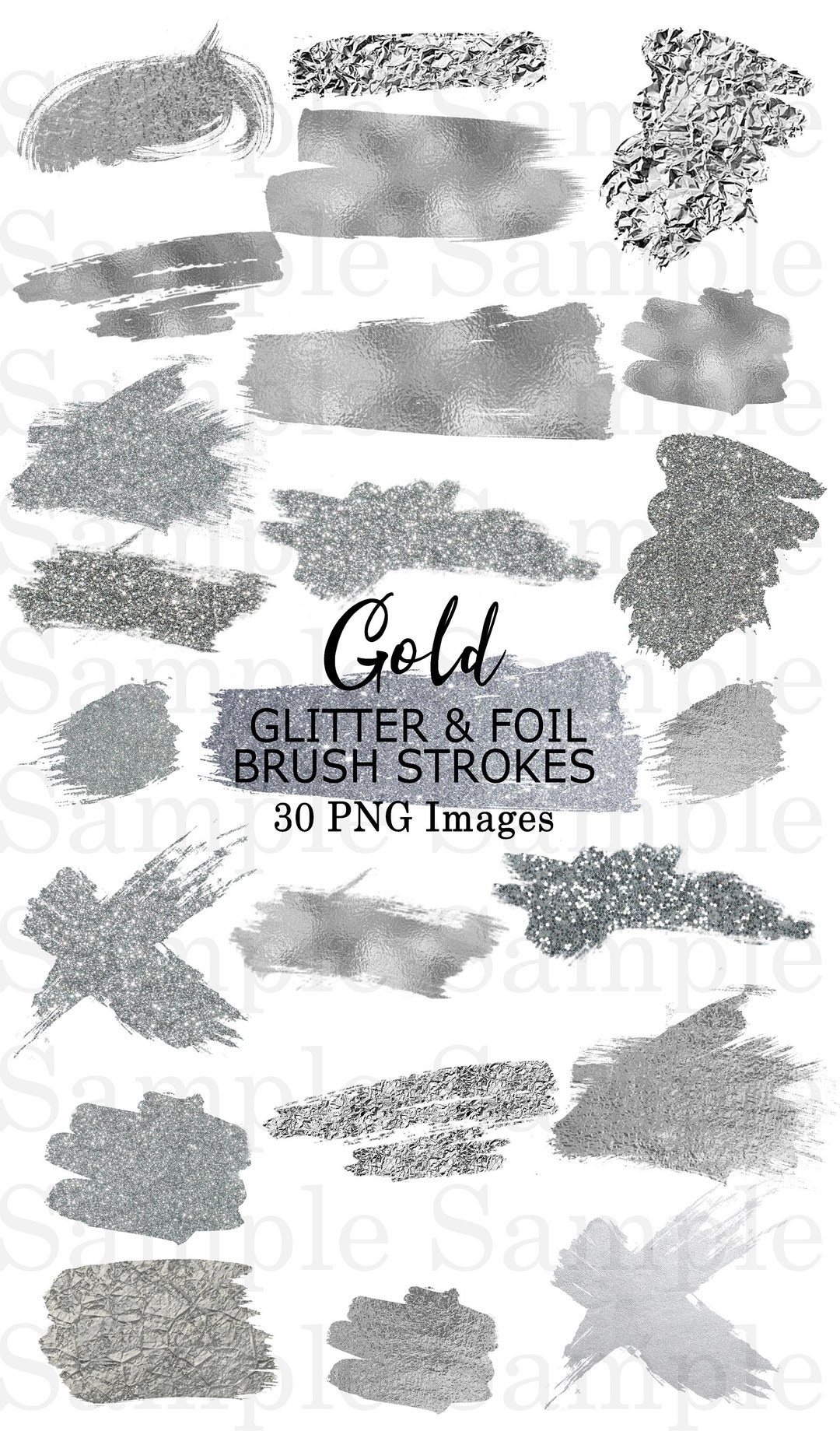 Silver Foil and Glitter Brush Strokes Clip Art Hand Painted Clipart ...