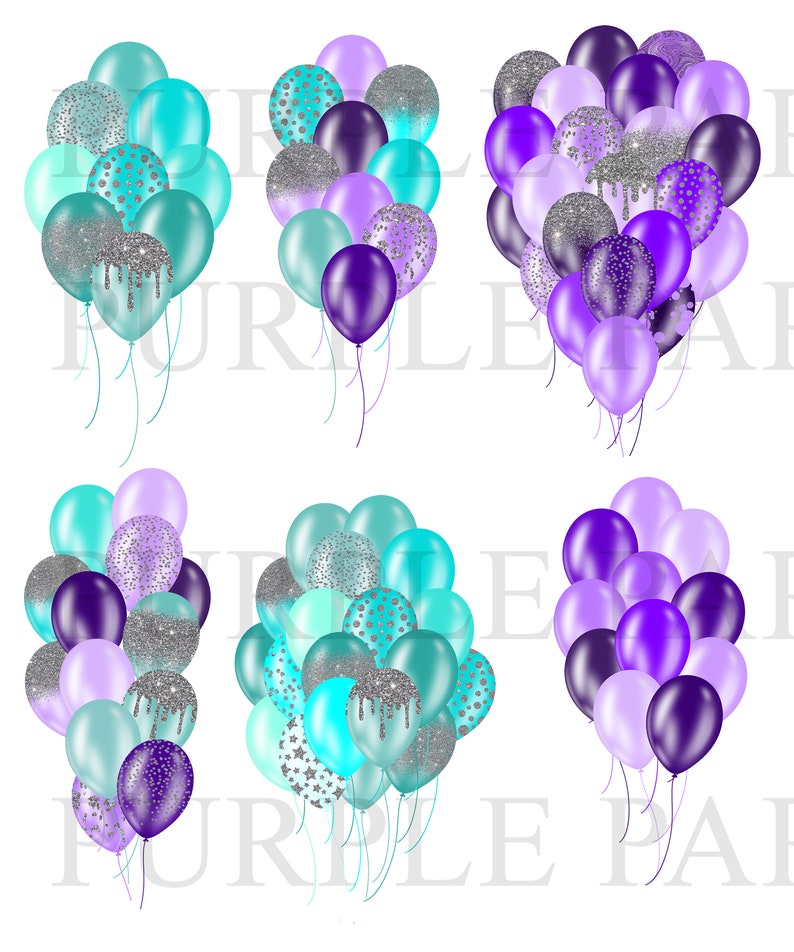 Aqua and Purple Balloons Clipart Lavender and Aqua Silver - Etsy