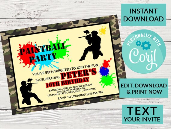 Paintball Party Birthday Invitation Digital INSTANT DOWNLOAD | Etsy