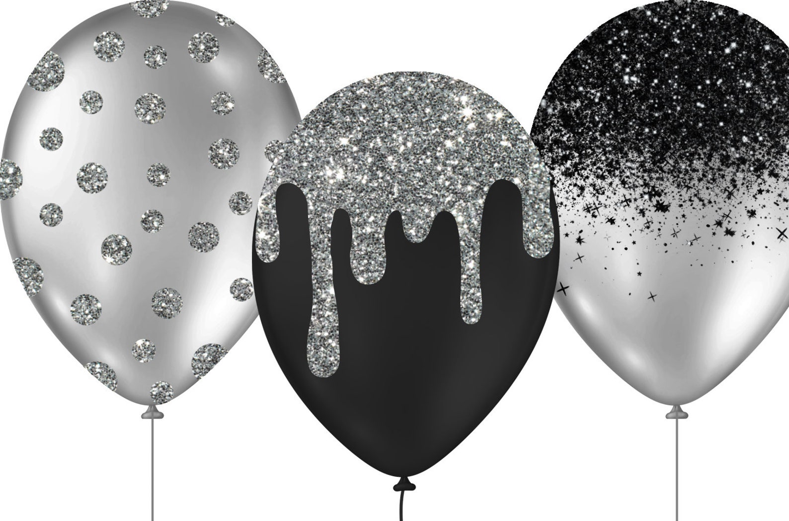 Black and Silver Balloons Clipart Glitter Balloon PNG Digital - Etsy