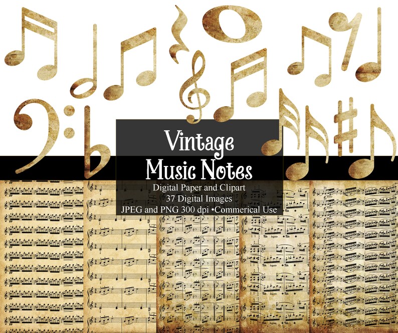 Vintage Music Notes Clipart and Digital Paper Bundle - Etsy