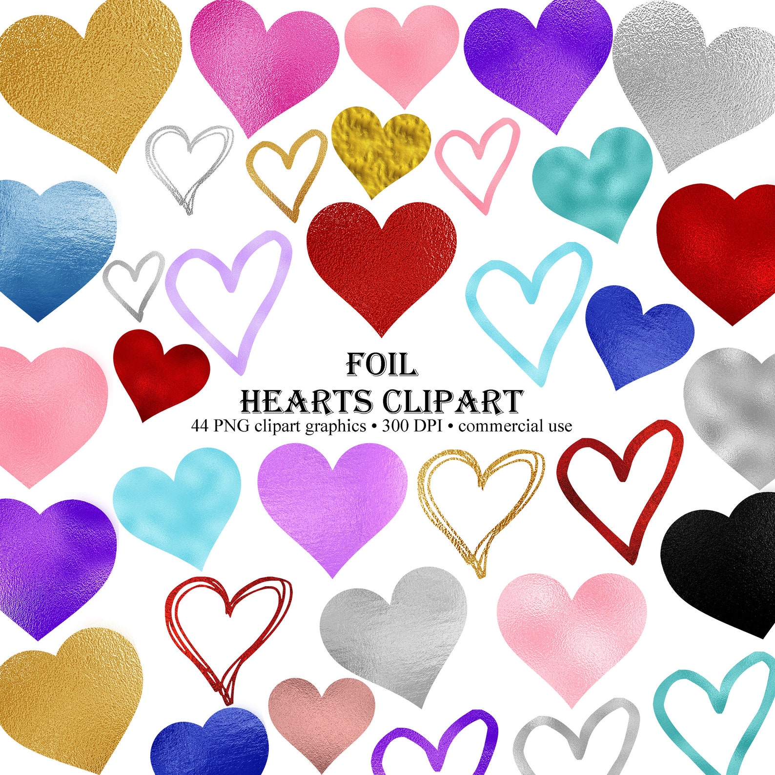 Hearts Foil Clipart Foil Heart Clip Art Silver Rose Gold | Etsy
