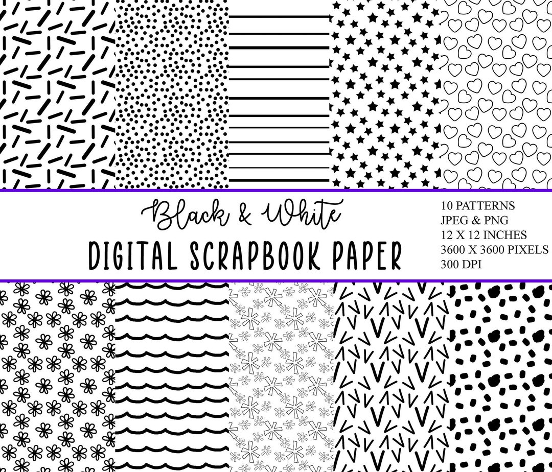 Black and White Digital Scrapbook Paper Set, Seamless Patterns, Digital ...