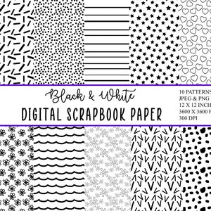 Black and White Digital Scrapbook Paper Set, Seamless Patterns, Digital ...