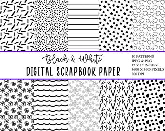 Black and White Digital Paper, Seamless Patterns Printable Scrapbook ...