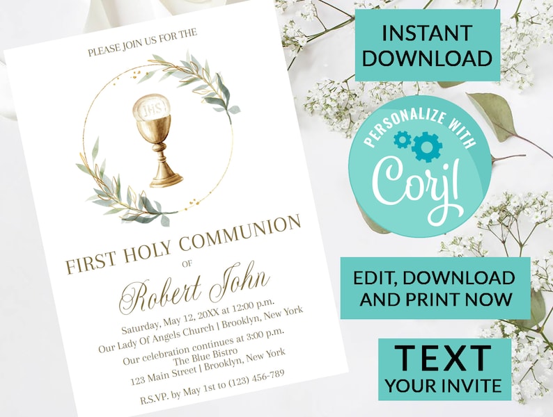 Gold Circle Chalice First Holy Communion Invitation | Digital INSTANT ...