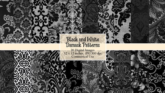 Damask Black and White Digital Paper Glitter Foil INSTANT | Etsy