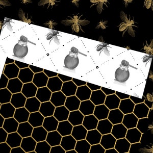 Honey Bee Hive Digital Paper, Black and Gold Bee Honeycomb Backgrounds ...