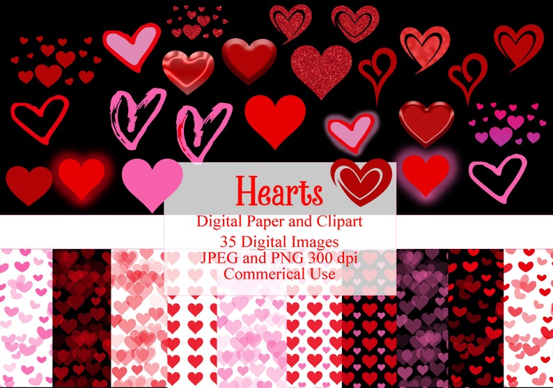 Hearts Clipart and Digital Paper Bundle Backgrounds and | Etsy