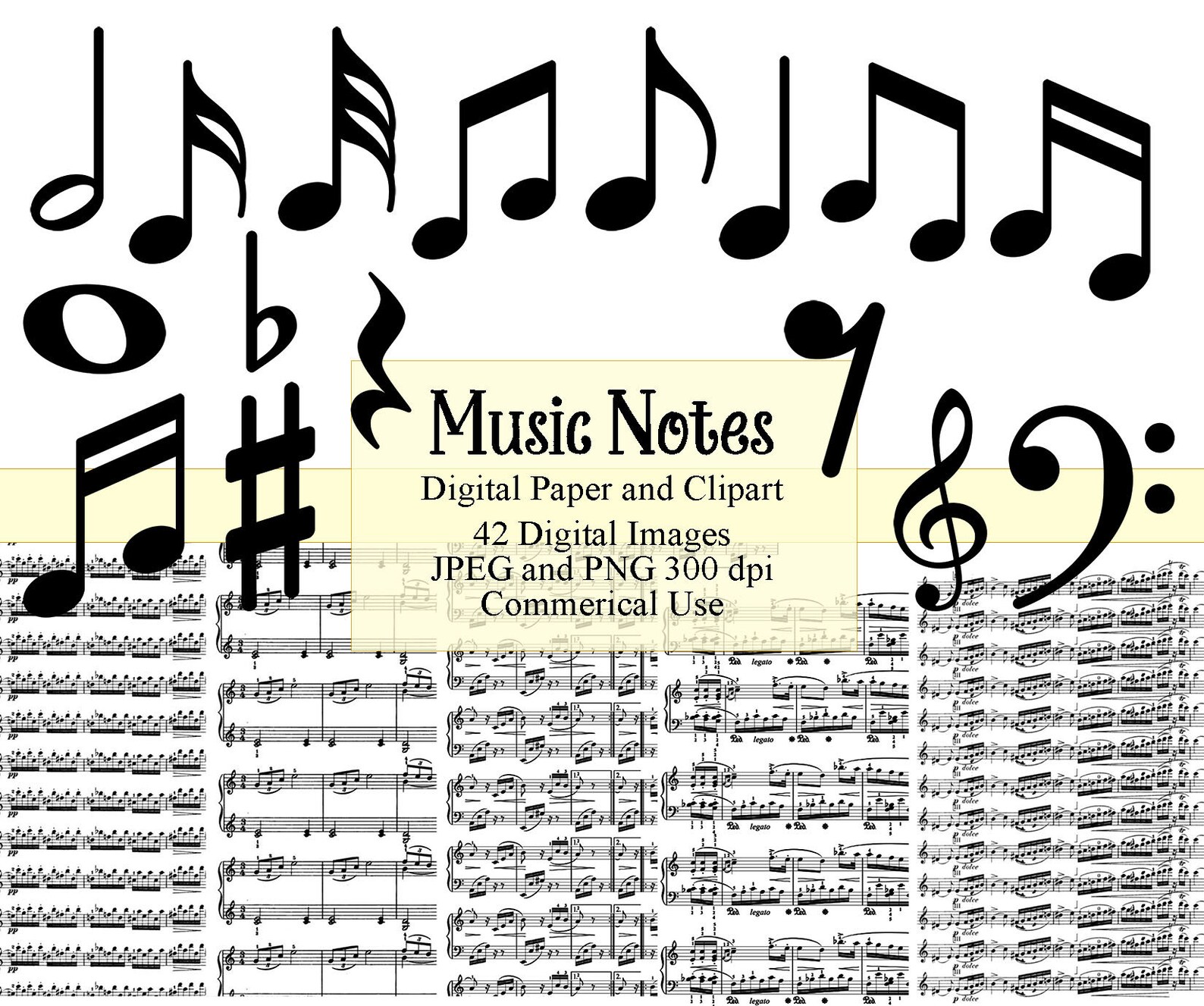 Music Notes Clipart and Digital Paper Bundle, Backgrounds and Overlays ...