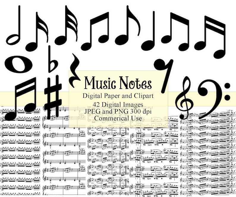 Music Notes Clipart and Digital Paper Bundle, Backgrounds and Overlays ...