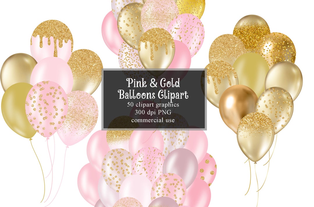 Blush Pink and Gold Glitter Balloons Clipart, Glitter Sparkle Confetti ...