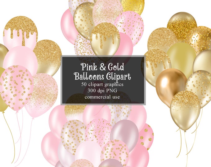 Blush Pink and Gold Glitter Balloons Clipart Glitter Sparkle - Etsy