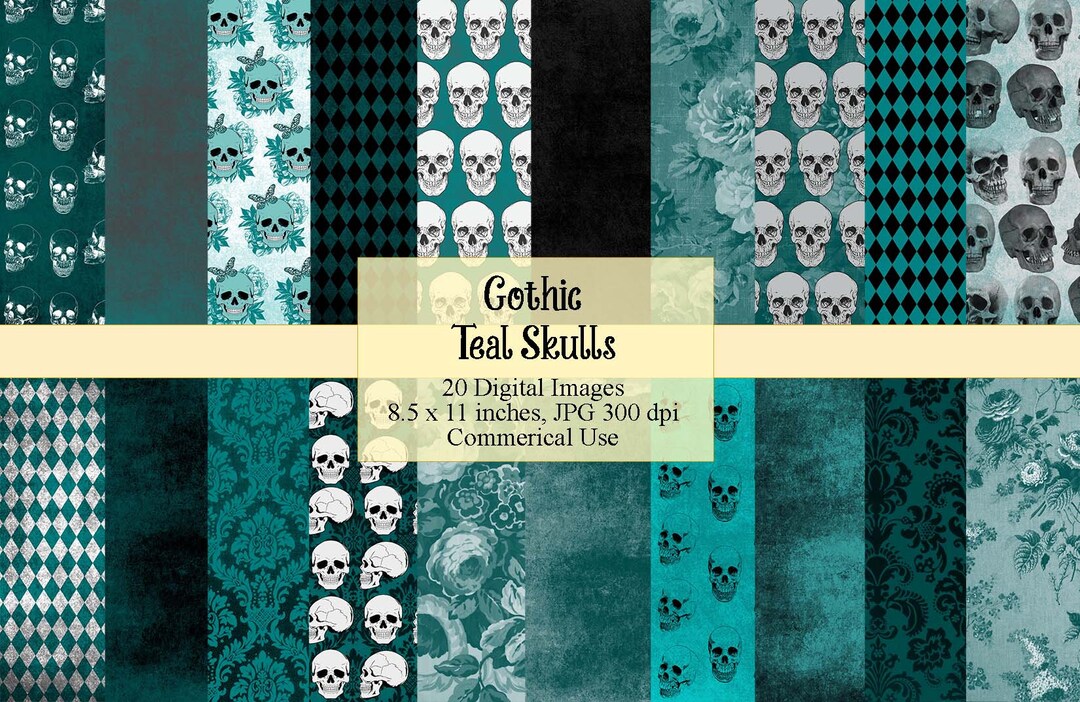 Gothic Teal Skulls, Grunge Digital Paper, Printable Backgrounds for ...