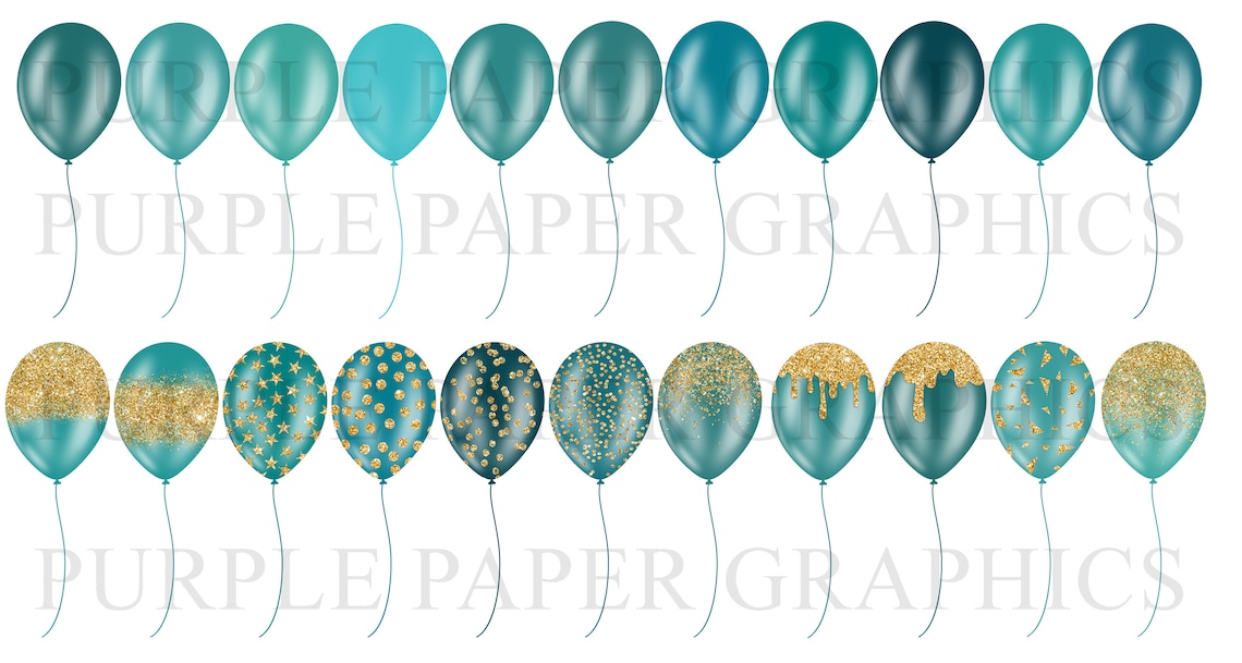 Teal and Gold Balloons Clipart Glitter Balloon PNG Digital | Etsy