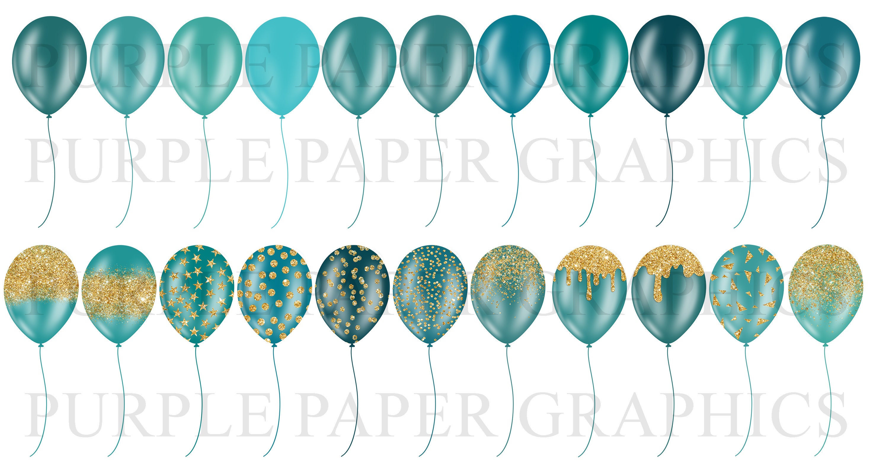 Teal and Gold Balloons Clipart Glitter Balloon PNG Digital | Etsy