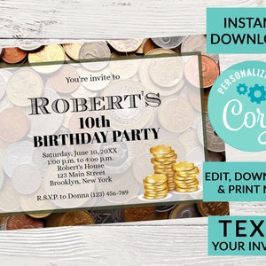 Money Birthday Invitation Coin Collector Theme Party Digital INSTANT ...