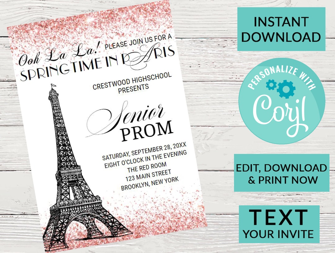 Paris Eiffel Tower Prom Invitation Digital INSTANT DOWNLOAD Editable ...