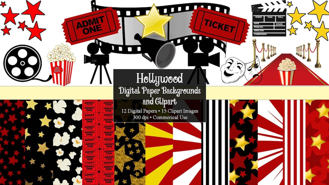 Hollywood Movie Night Digital Clipart and Digital Paper Bundle,instant ...