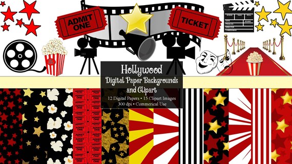 Hollywood Movie Night Digital Clipart y Digital Paper Bundle - Etsy México
