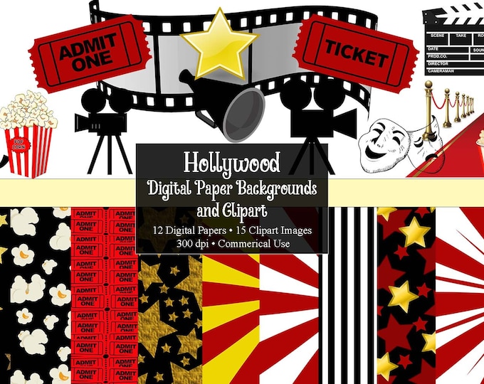 Hollywood Movie Night Digital Clipart and Digital Paper Bundle,instant ...