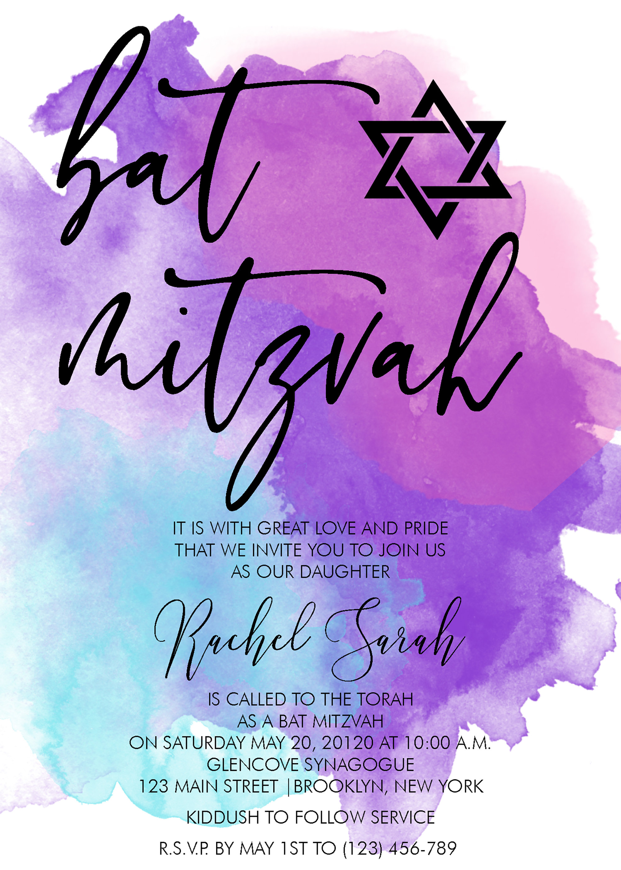 Modern Watercolor Bat Mitzvah 2 Printed Invitations 1.50 | Etsy