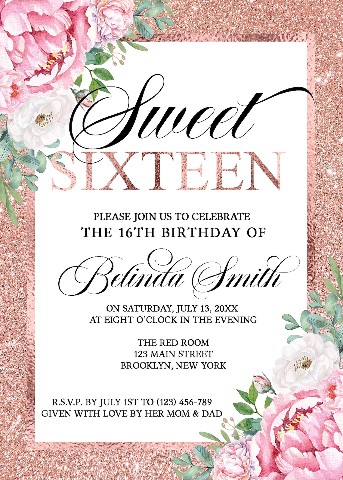 Glitter and Flowers Sweet 16 Invitation 52 Printed Sweet 16 - Etsy