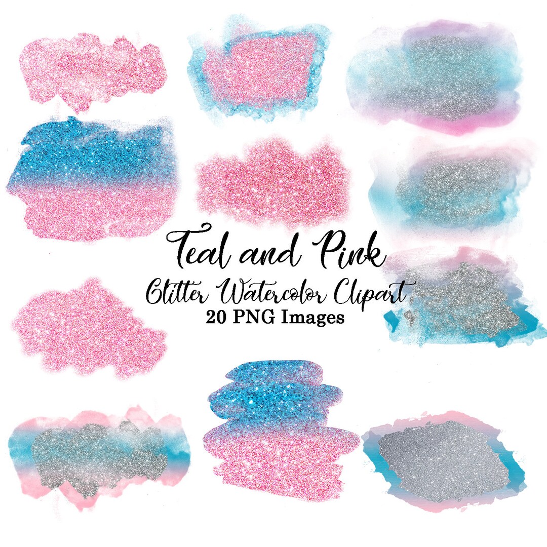 Watercolor Clipart #20, Silver Glitter Teal and Pink Watercolor Brush ...